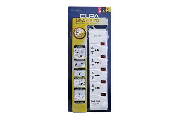 Ổ cắm điện ELPA ESU-VNI43 (4 ổ điện, 5 công tắc, 3m, 2 x USB) - META.vn