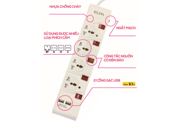 Ổ cắm điện ELPA ESU-VNI43 (4 ổ điện, 5 công tắc, 3m, 2 x USB) - META.vn